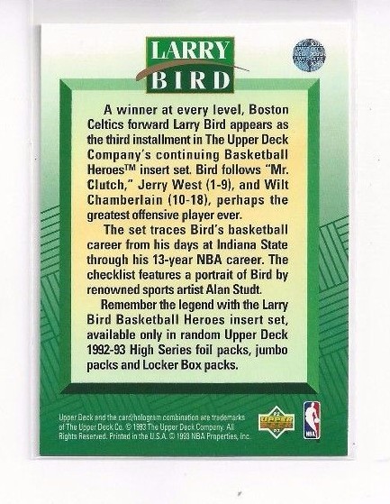 1992-93 UPPER DECK BASKETBALL HEROES INSERT LARRY BIRD #NNO HEADER CARD ...