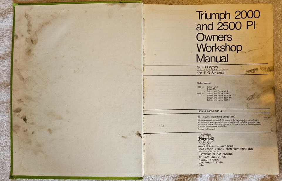 Vintage Haynes Workshop Manual Triumph 2000, 2500 & 2.5 Mk I & MK II ...