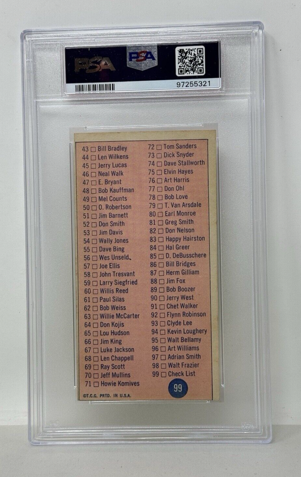 1969 Topps Basketball #99 Tall Boy Checklist PSA 7 (MC) NM ~ Unmarked ...