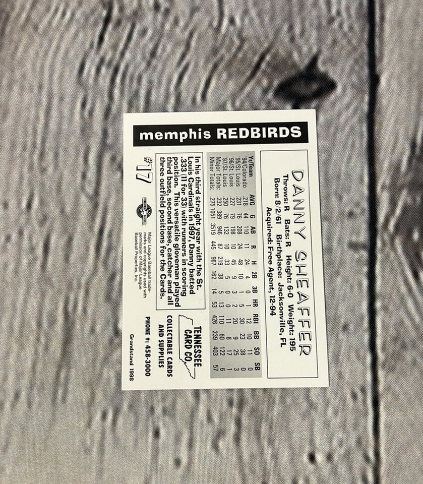 1998 Memphis Redbirds Grandstand #22 Danny Sheaffer Signed Auto ...