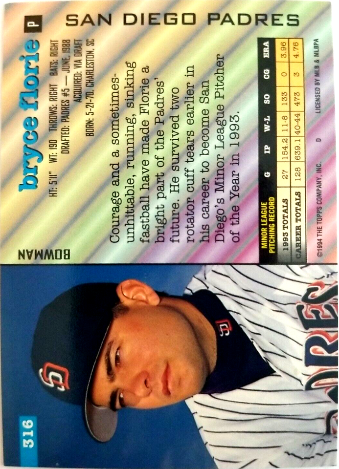 Bryce Florie San Diego Padres 1994 Bowman #316 Autographed Baseball ...