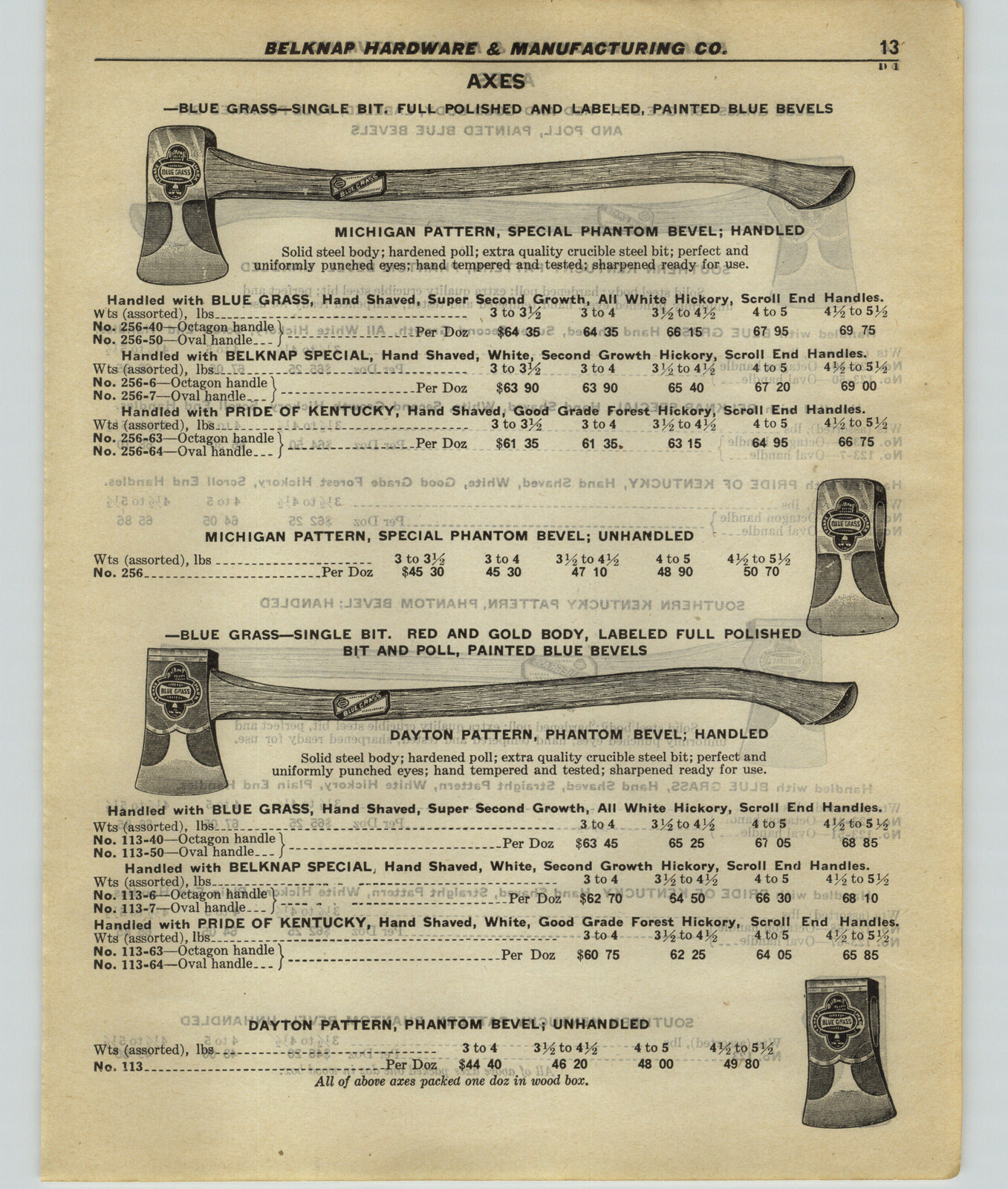 1927 PAPER AD Blue Grass Axe Axes Phantom Bevel Michigan Dayton ...