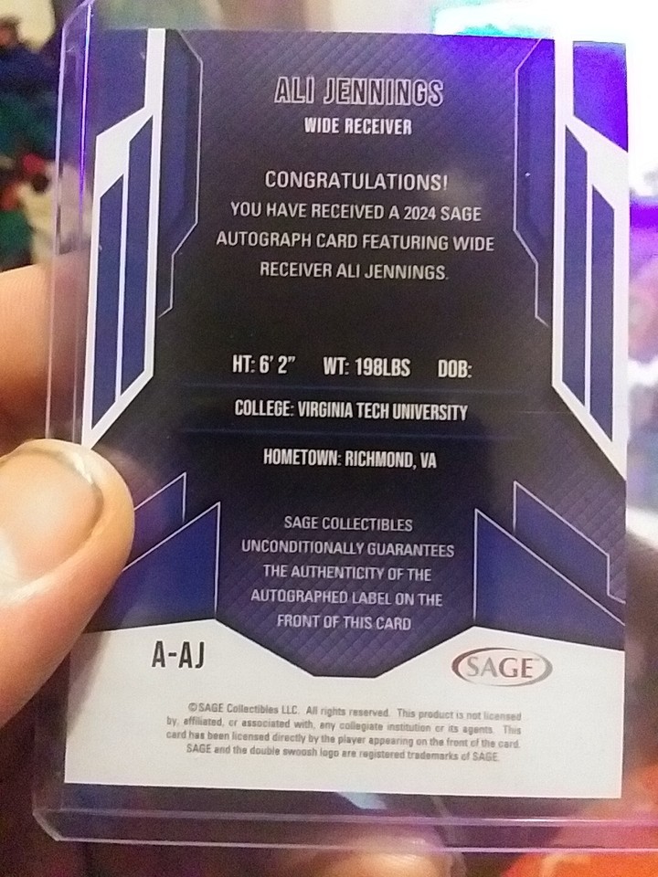 Ali Jennings 2024 Sage Silver Rookie Autograph # A-AJ Virginia Tech | eBay