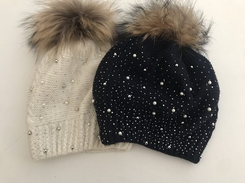 WOMENS C VALENTYNE PEARL ENCRUSTED SKI BEANIE BOBBLE HAT DETACHABLE FUR ...