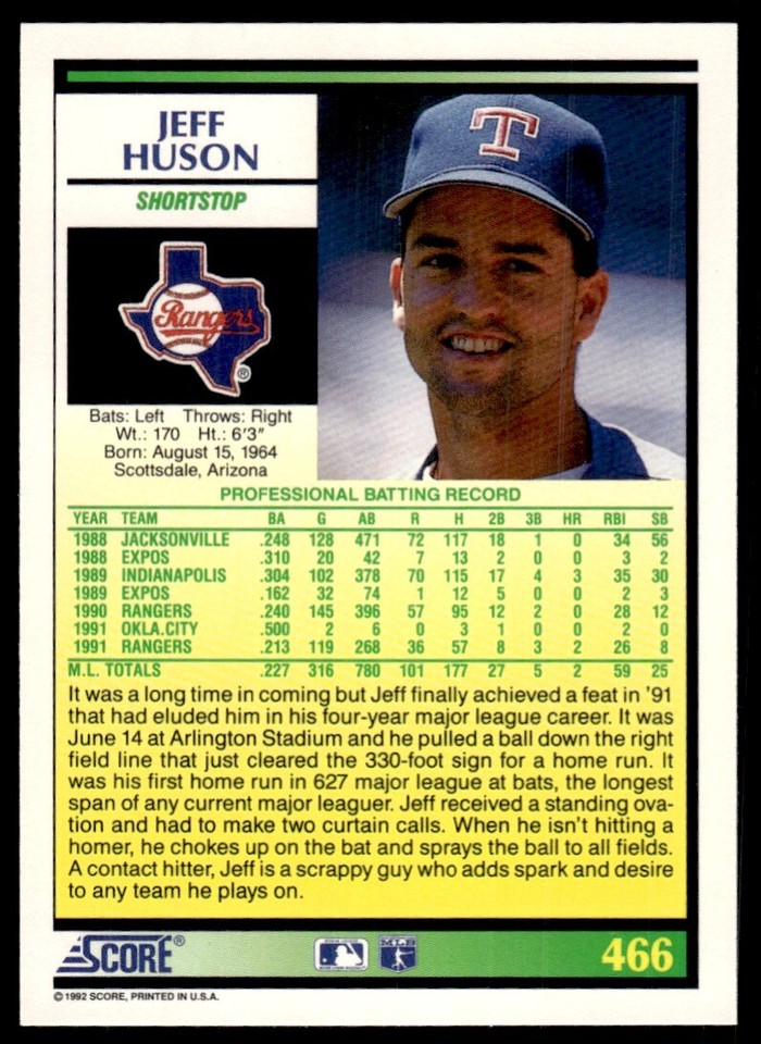 1992 Score Baseball Card Jeff Huson Texas Rangers #466 | eBay