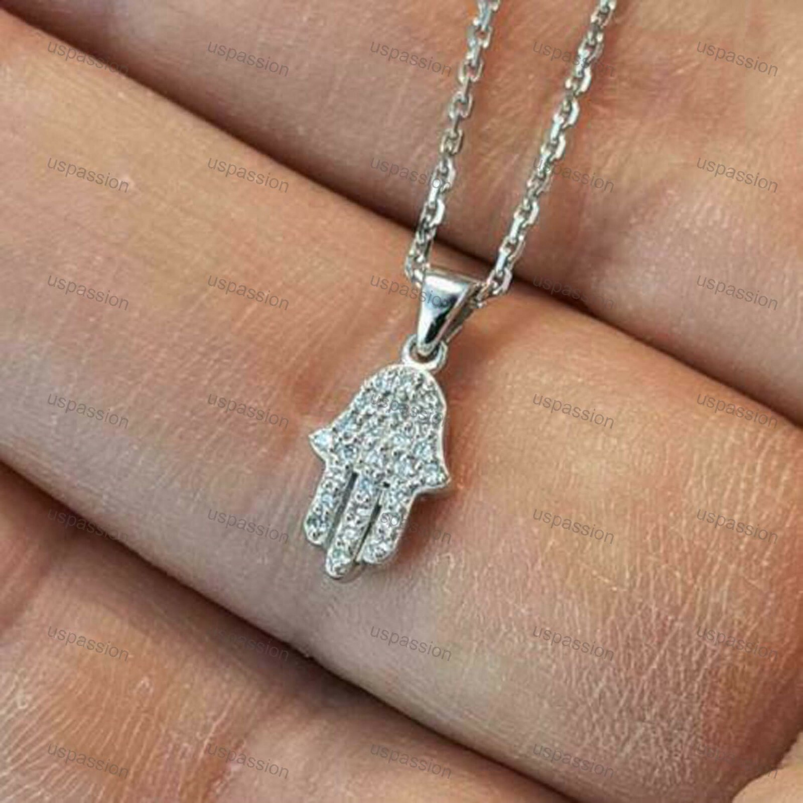 White Gold Plated 925 Silver Small Hamsa Hand Real Moissanite Pendant 0 ...