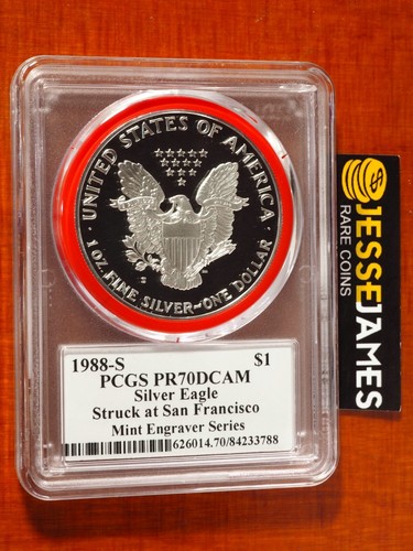 1988 S PROOF SILVER EAGLE PCGS PR70 DCAM MERCANTI SIGNED MINT ENGRAVER ...