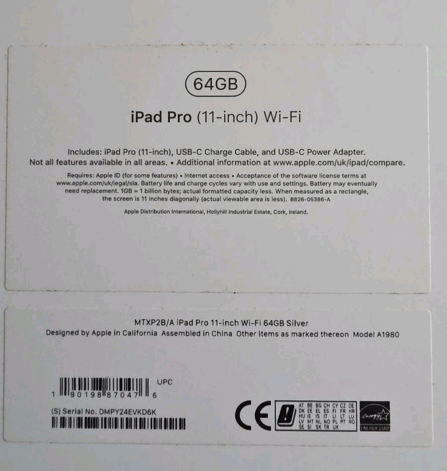 Apple iPad Pro 11-inch Wi-Fi 64GB Slate Grey, Model A1980. Boxed ...