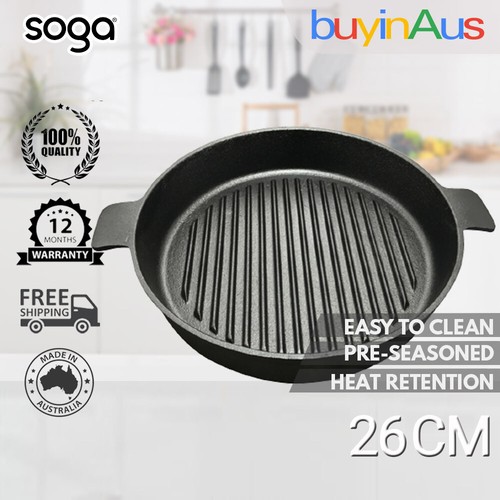 SOGA 26cm Round Cast Iron Ribbed Frying Fry Pan Skillet Griddle Sizzle ...