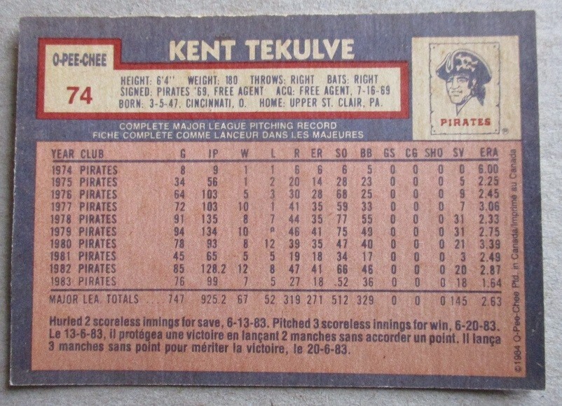 KENT TEKULVE Pittsburgh PIRATES 1984 O-PEE-CHEE (OPC) BASEBALL CARD #74 ...