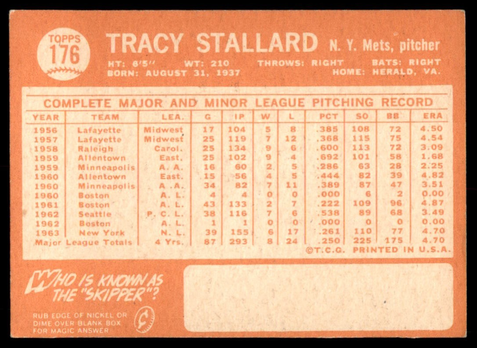 1964 Topps #176 TRACY STALLARD New York Mets EX-EX+ | eBay