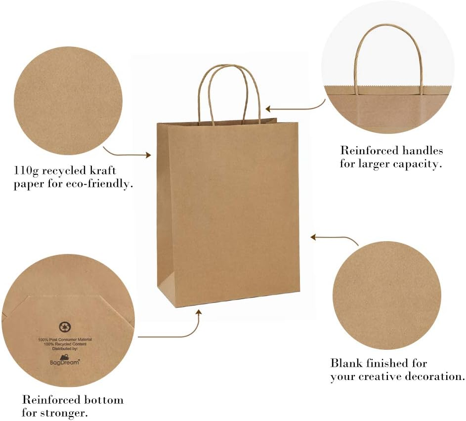 10X5X13 Kraft Shopping Bags 100Pcs Brown Paper Bags Paper Gift Bags ...