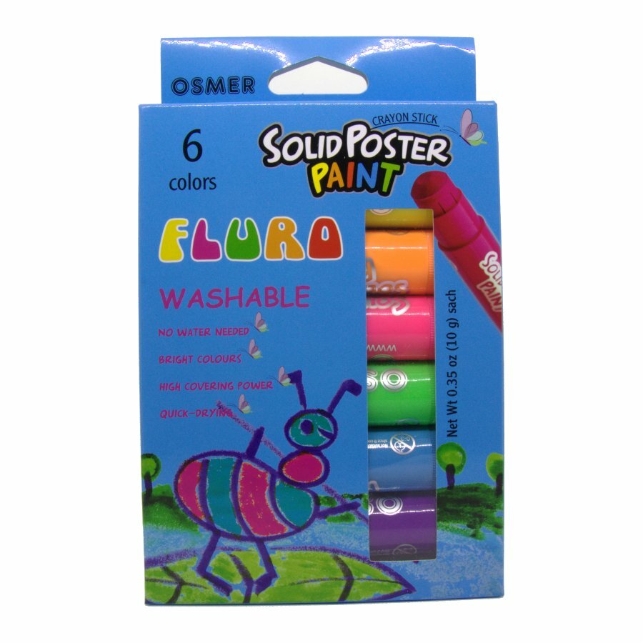 12 (2 packs of 6) Solid Poster Paint Washable Crayon Sticks Osmer Fluro ...