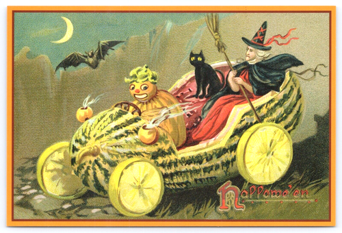 Postcard Halloween Witch with Black Cat Riding In Squash Car JOL Man ...