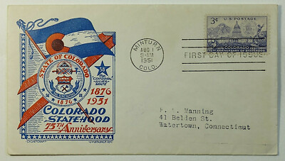 1952 FDC 75th Anniversary Colorado Statehood First Day Cover Staehle SC ...
