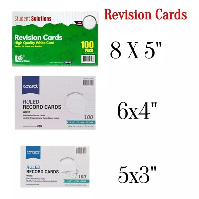 Index Record Cards 5x3" 6x4" 8x5" Plain White Ruled Revision Cards ...
