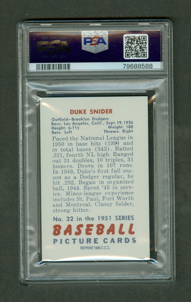 Duke Snider 1986 Card Collectors 1951 Bowman Reprint #32 PSA Graded 7 ...