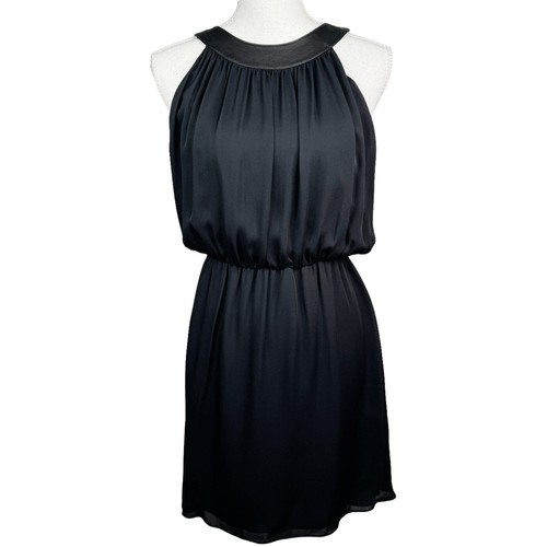 Alice + Olivia Black Silk Mini Dress LBD High Halter Neck Leather ...