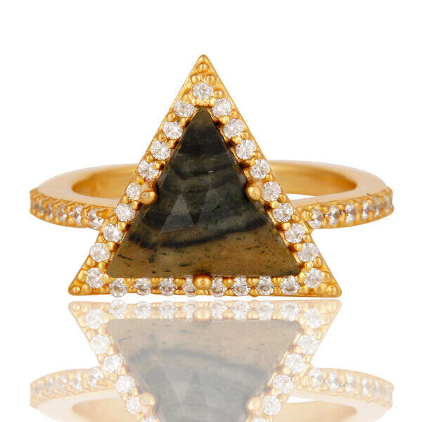 Gold Plated Triangle Design Rings Zebra Jasper & Zircon Gemstone ...