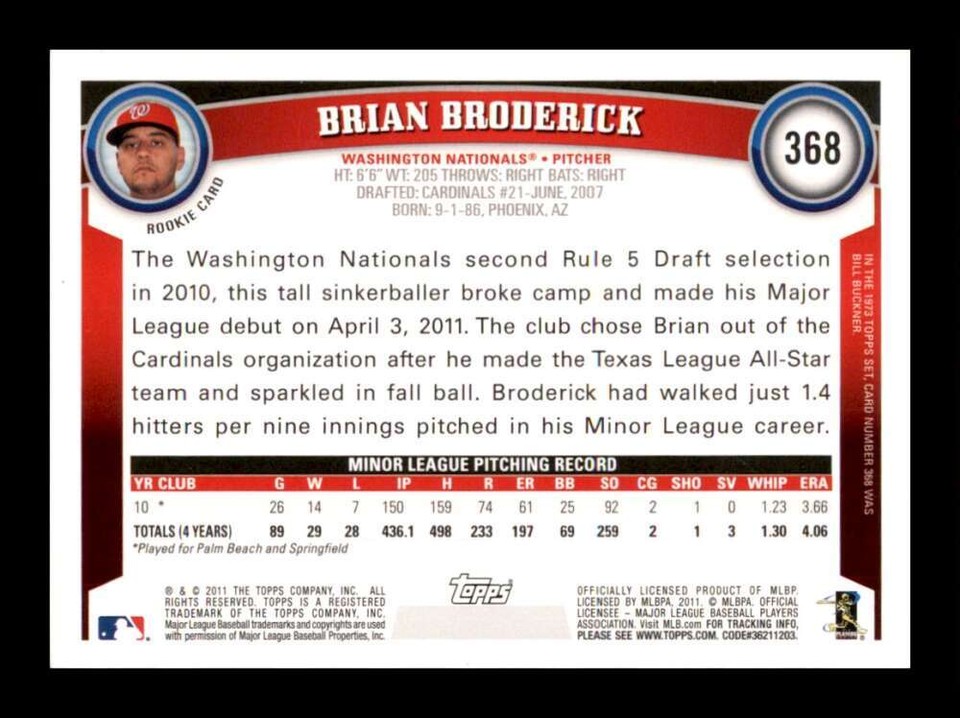 2011 Topps Diamond Anniversary Brian Broderick #368 Rookie RC Nationals ...