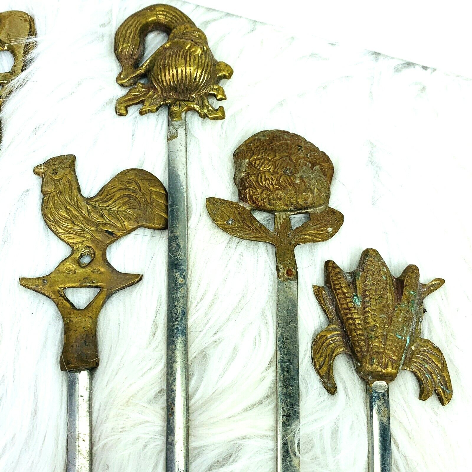 Vintage Shish Kabob BBQ Skewer Sword Set Brass Stainless Animals ...