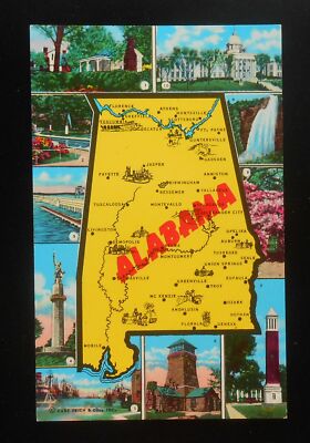 1950s State Map of Alabama Landmarks Icons AL Postcard | eBay