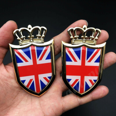 2x Metal Golden Union Jack UK Flag Crown Shield Car Emblem Badge Decal ...