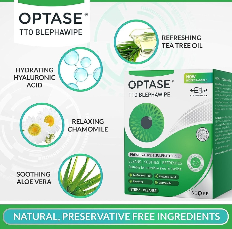 Optase Tea Tree Oil Eye Lid Wipes - Cleans, Soothes & Refreshes - 20 ...