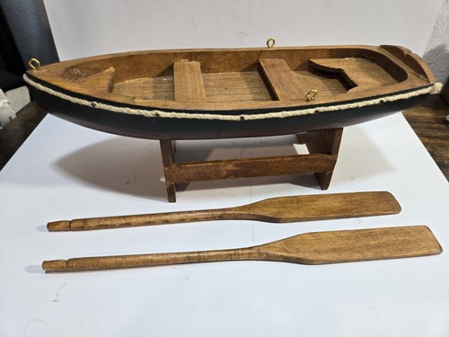 Handcrafted Wooden Rowboat Model with Oars, Vintage Decorative ...