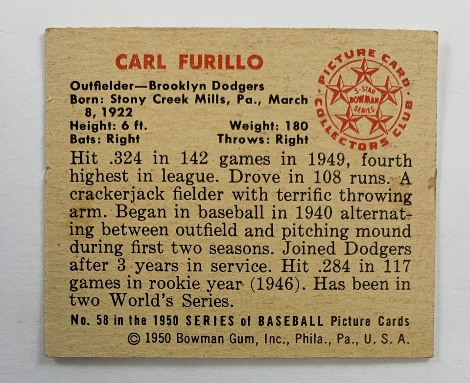 1950 Bowman Baseball #58 Carl Furillo (Dodgers) 126E | eBay