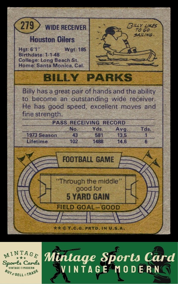 1974 Topps - Billy Parks - #279 Houston Oilers VG/VG+ | eBay