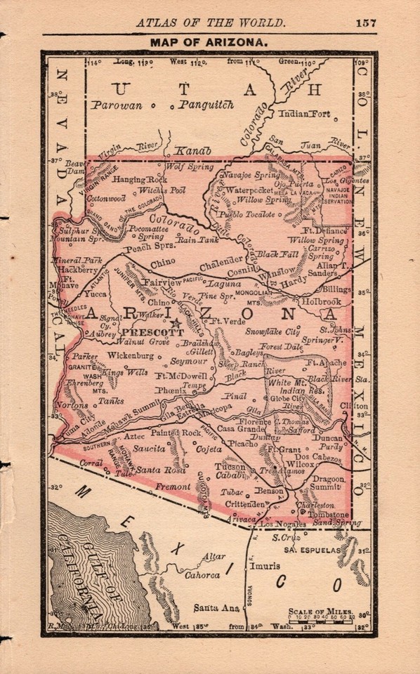 1888 Antique ARIZONA Map Tiny MINIATURE Vintage Map of Arizona State ...