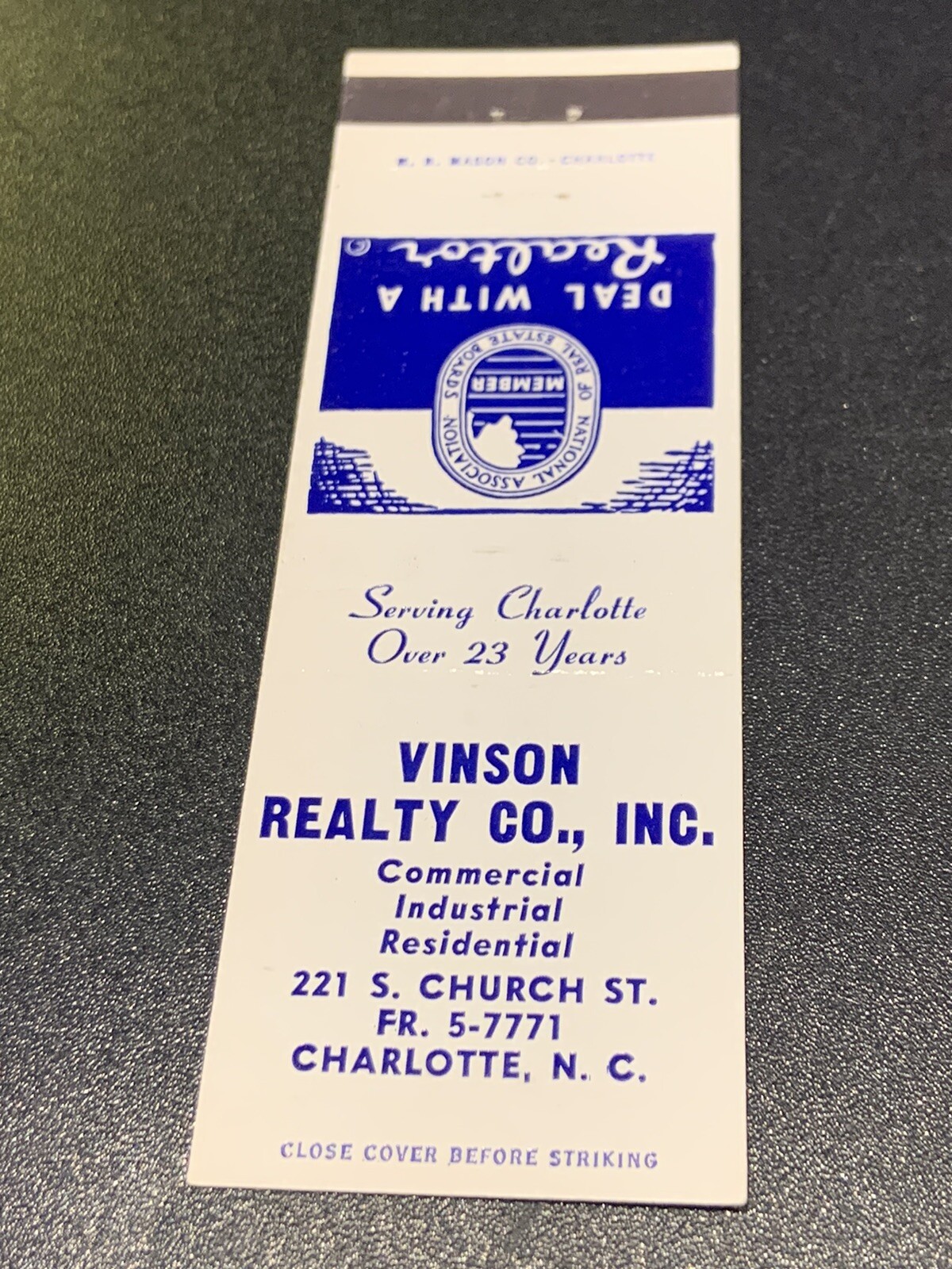 Vintage North Carolina Matchbook: “Vinson Realty Co Inc” Charlotte, NC ...