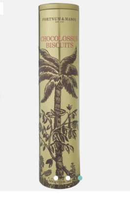 FORTNUM & MASON CHOCOLOSSUS GOLD CYLINDRICAL CIRCULAR BISCUIT TIN 600g ...
