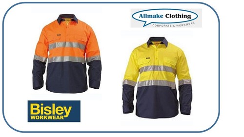 Bisley Workwear Hi Vis Work Shirt Vent Long Sleeve Closed Front 3M Tape ...