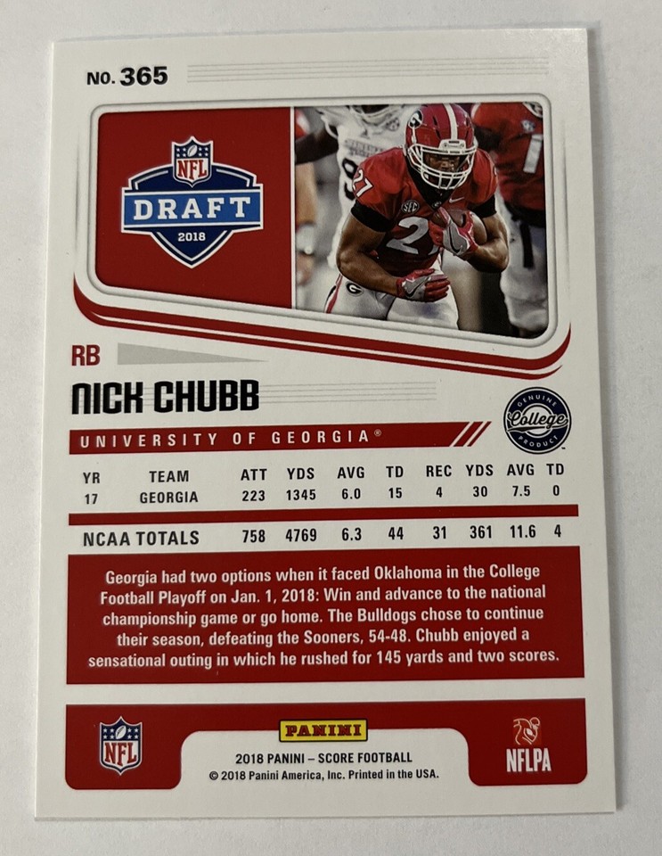 NICK CHUBB RC 2018 Panini Score Football #365 Rookie Card Cleveland ...