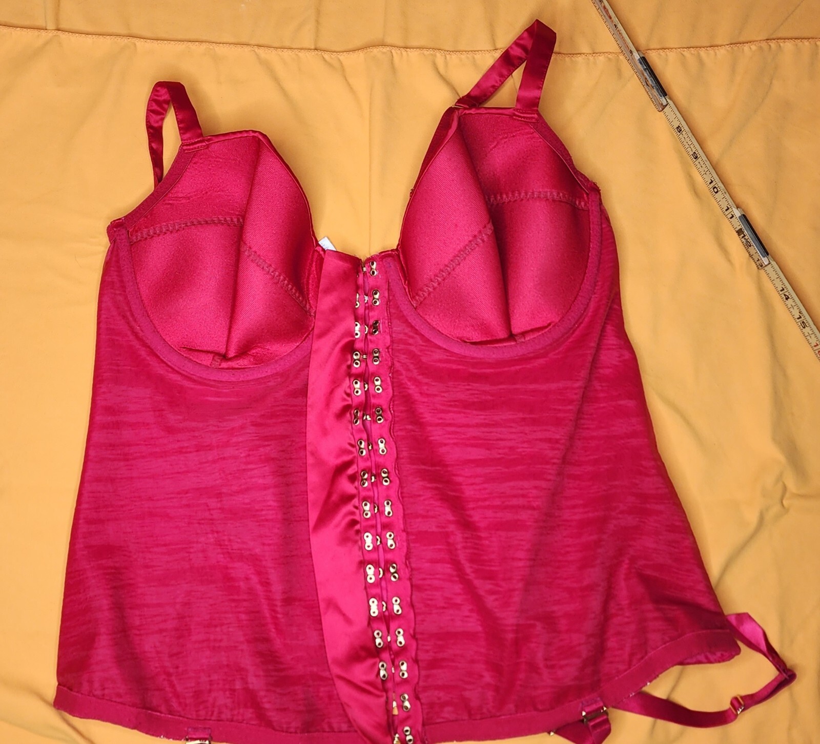 Bustier Corset Garter Belt Red Satin Lace Gold Hooks … - Gem