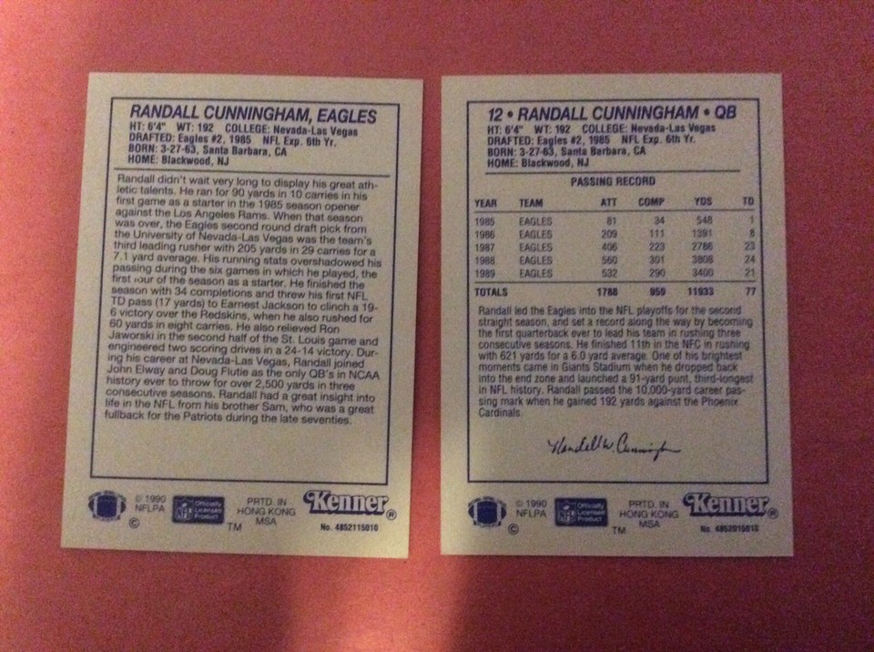 1990 Kenner SLU Philadelphia Eagles Randall Cunningham Both Cards Mint ...