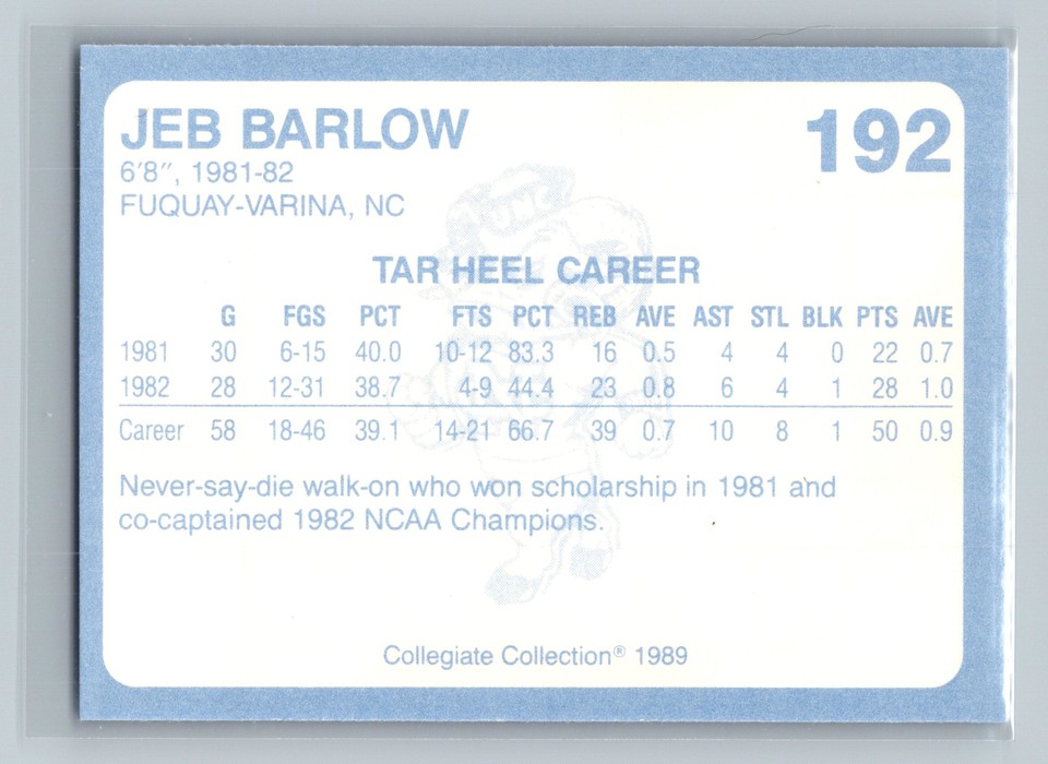 Jeb Barlow #192 1989 Collegiate Collection North Carolina's Finest Tar ...