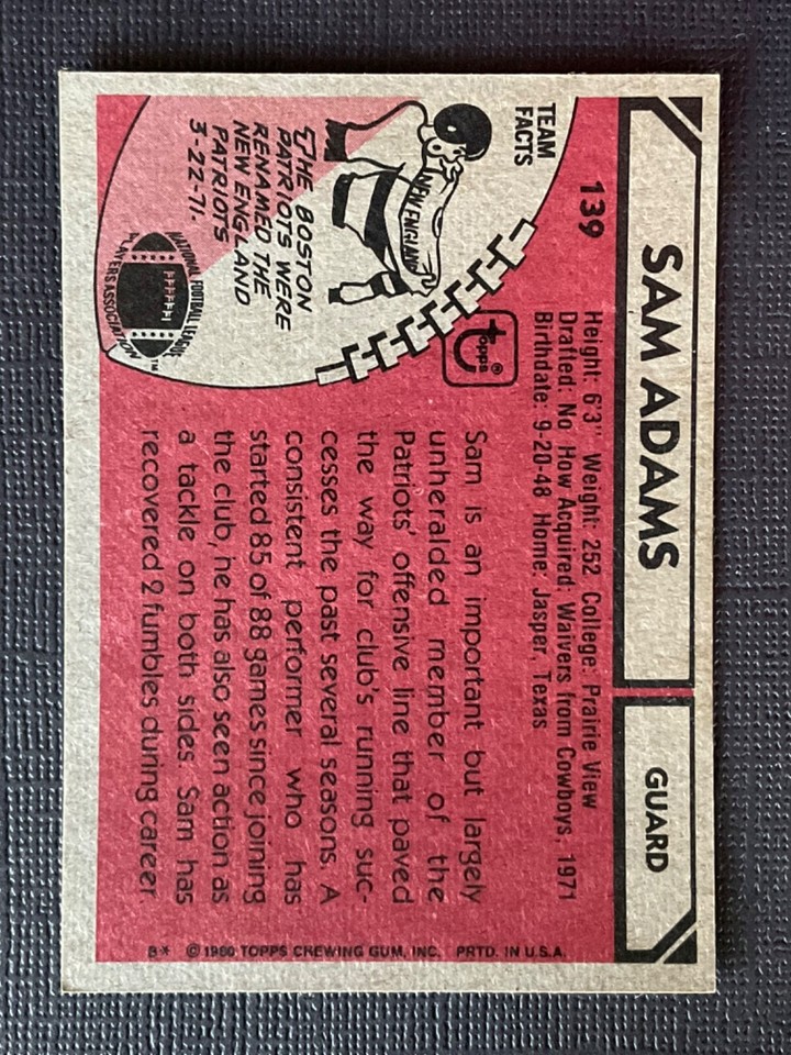 Sam Adams 1980 Topps Football Card #139 - New England Patriots NM | eBay