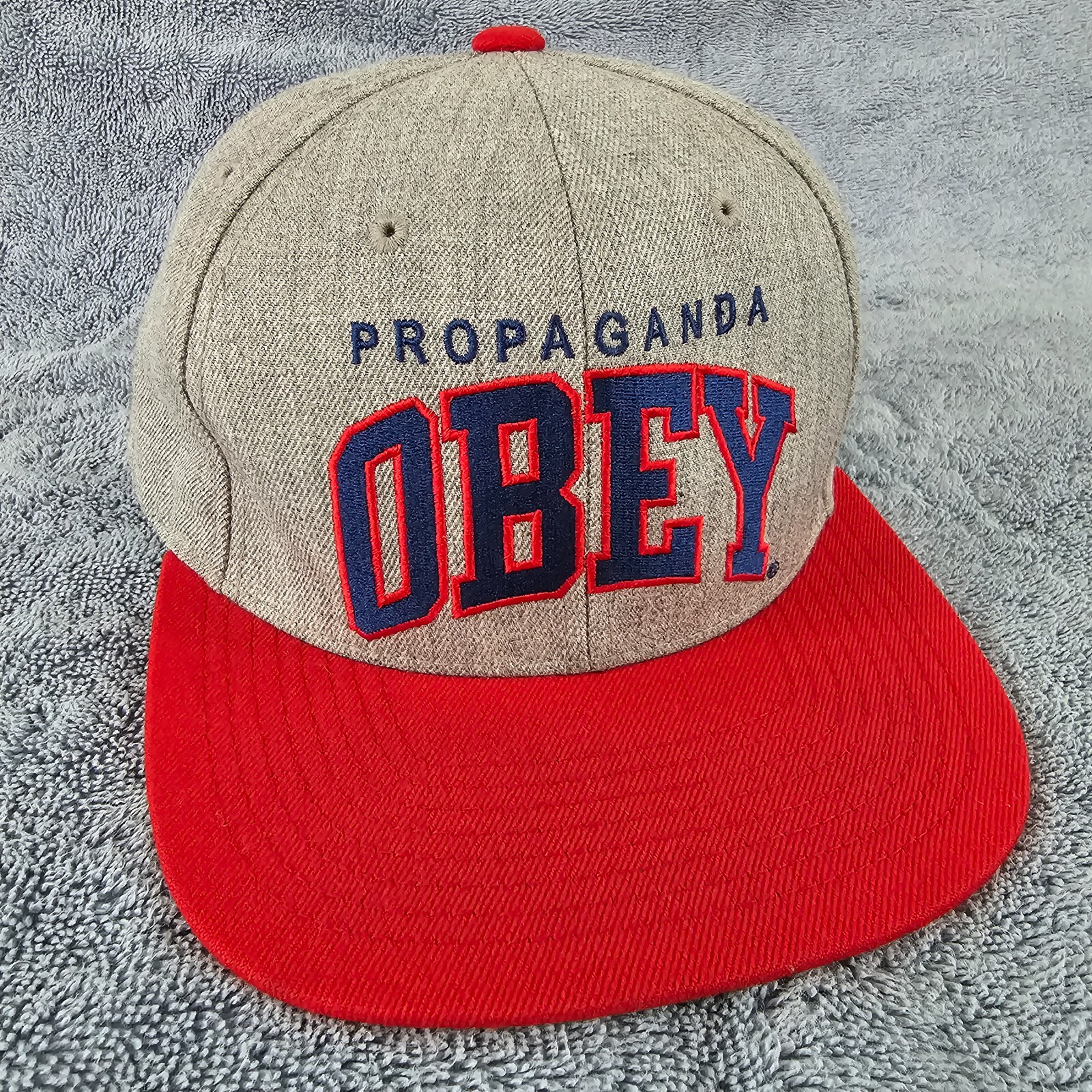 Obey Propaganda Hat Patch Front Gray Red Flat Brim Acrylic Wool ...