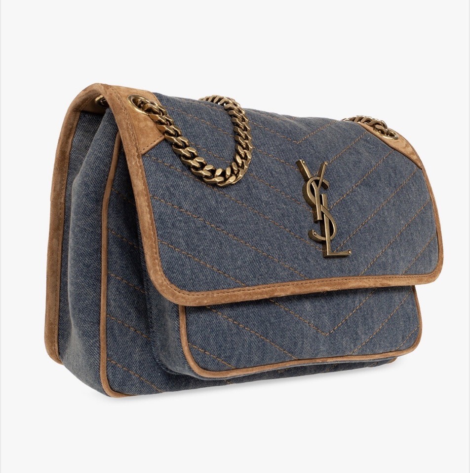 YSL NIKI MEDIUM CHAIN BAG IN BLUE DENIM WITH SUEDE CORNERS. ITEM ...