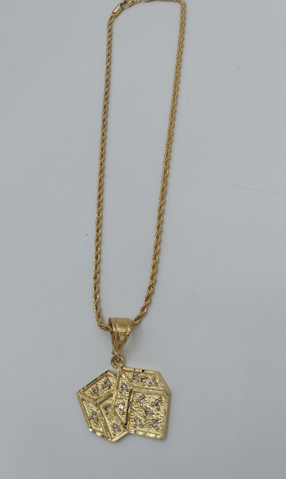 14KT GOLD EP DICE GAMBLING WITH CLEAR CZ CHARM WITH 20" 3MM ROPE CHAIN ...