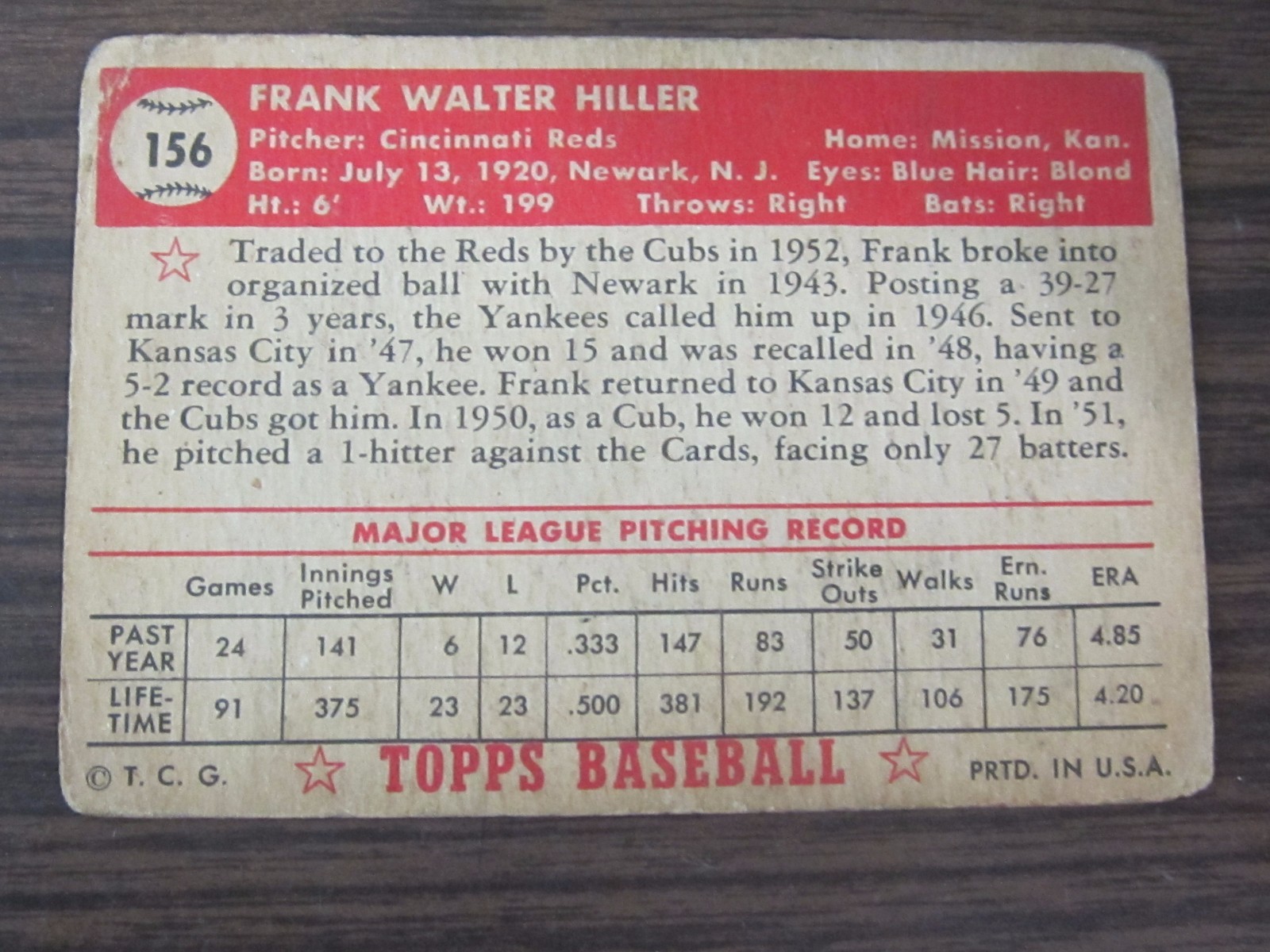 1952 Topps # 156 Frank Hiller Card (B17) Cincinnati Reds | eBay