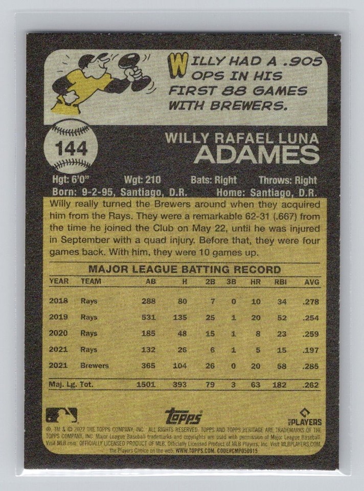 Willy Adames 2022 Topps Heritage Baseball #144 Milwaukee Brewers | eBay