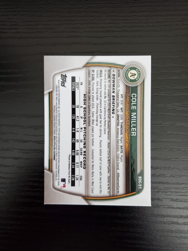 Cole Miller - 2023 Bowman Draft Chrome Prospect 1st Bowman Base BDC-51 ...