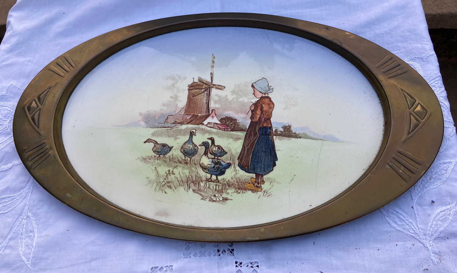 Early 20th C Oval Art Deco Brass & Ceramic Tray Of Girl & Geese ...