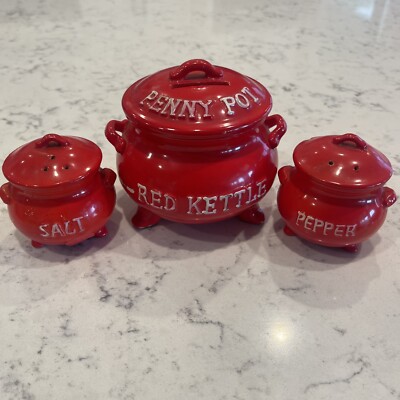 LEGO VINTAGE COINS 4" RED KETTLE PENNY & BEAN POT CERAMIC BANK SALT ...