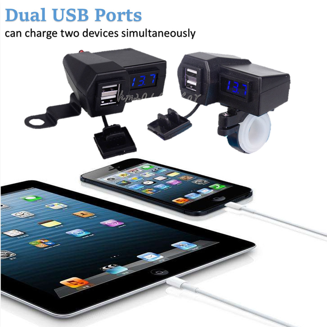 3.1A Waterproof Dual USB Charger Ports Blue LED Voltmeter Handlebar ...