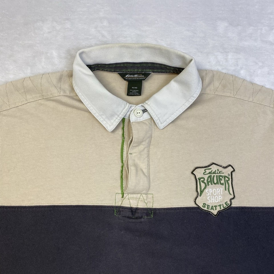 Eddie Bauer Rugby Polo Long Sleeve Shirt Mens XL Beige Thick Stripe ...